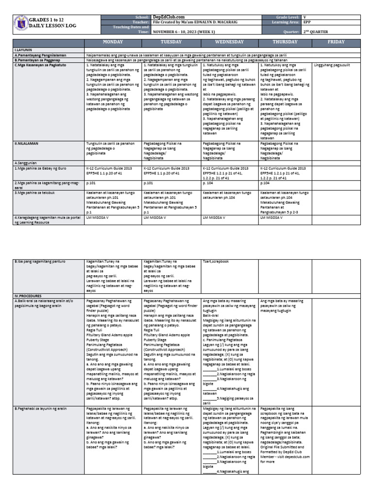 DLL - Epp 5 - Q2 - W1 | PDF