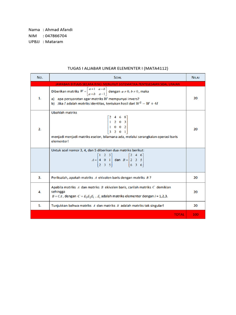 Tugas 1 Aljabar Linear - Ahmad Afandi | PDF