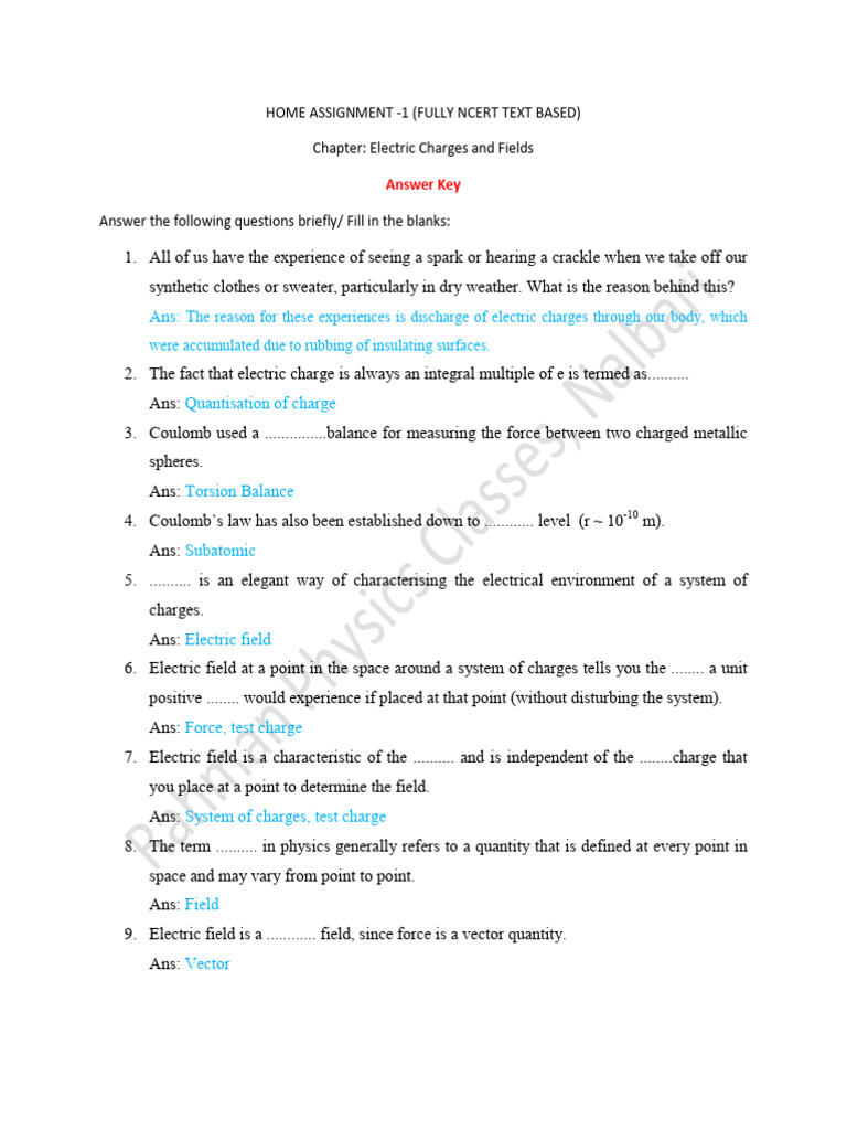 HOME ASSIGNMENT-1 - Answer key | PDF | Flux | Electric Field