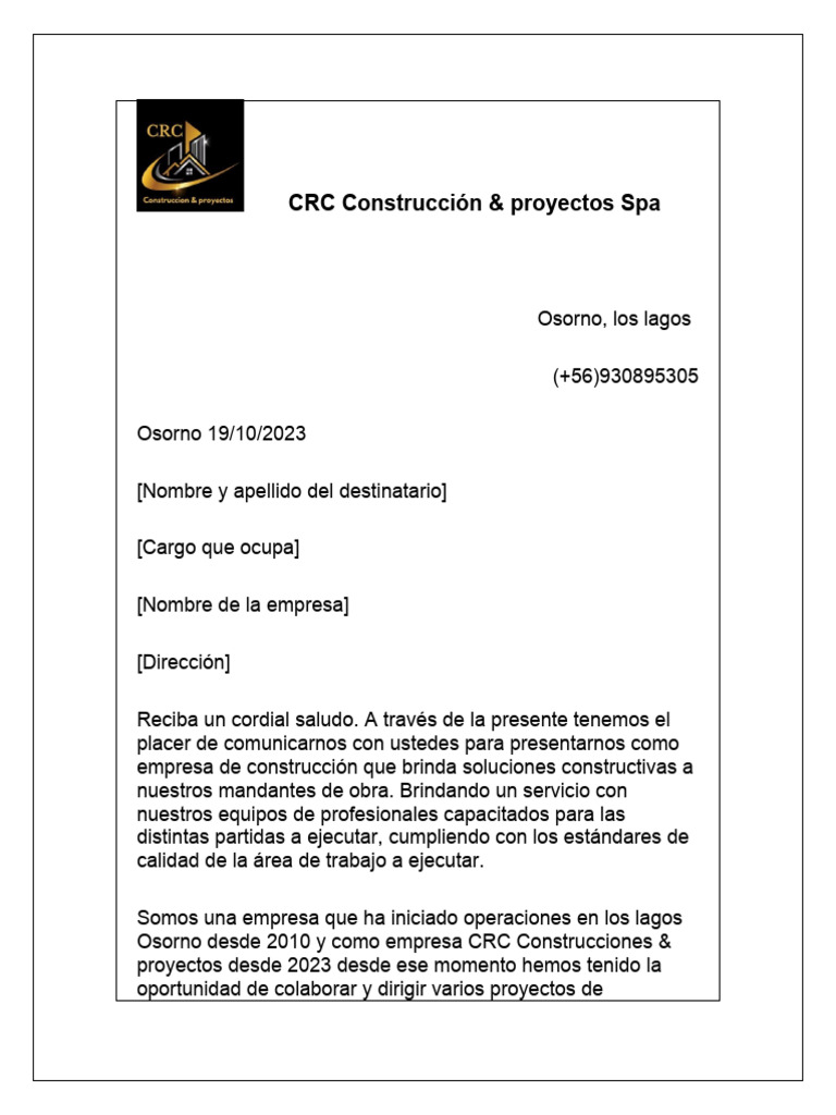 Carta de Presentacion CRC Construccion | PDF