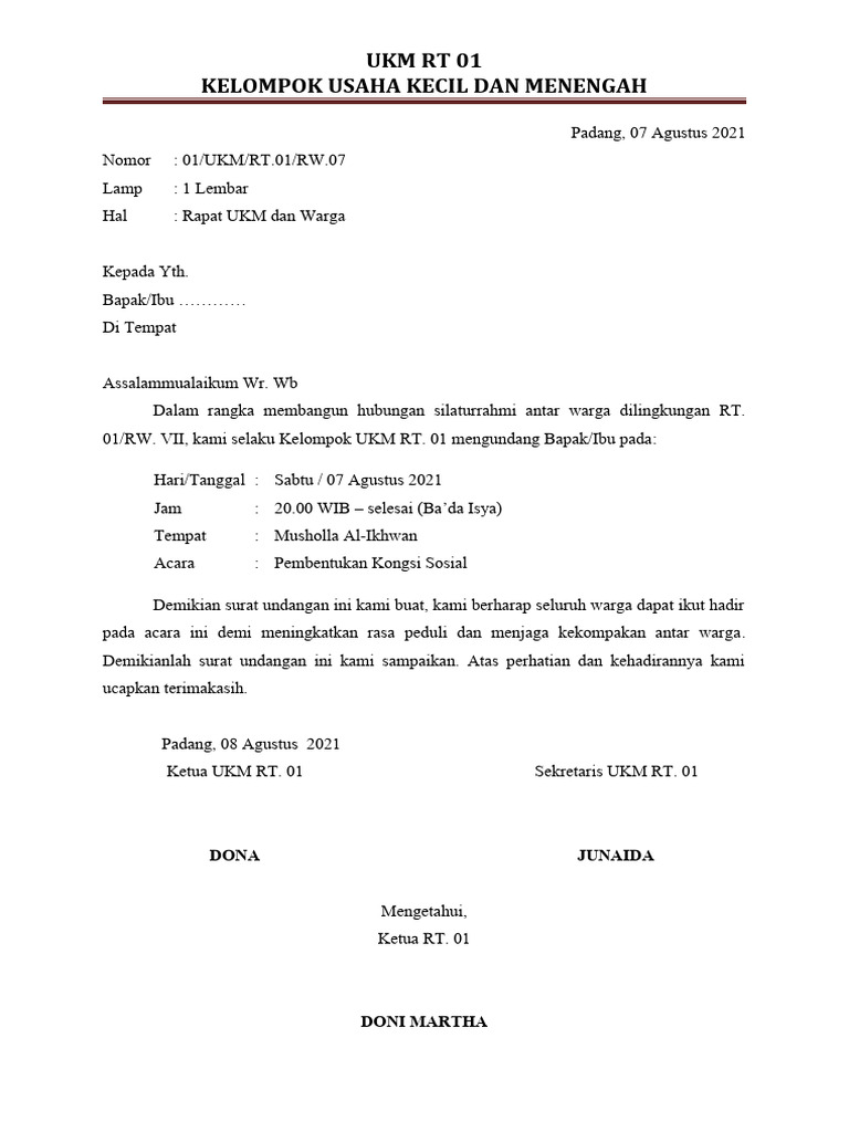 Undangan Rapat UKM RT 01 Padang | PDF
