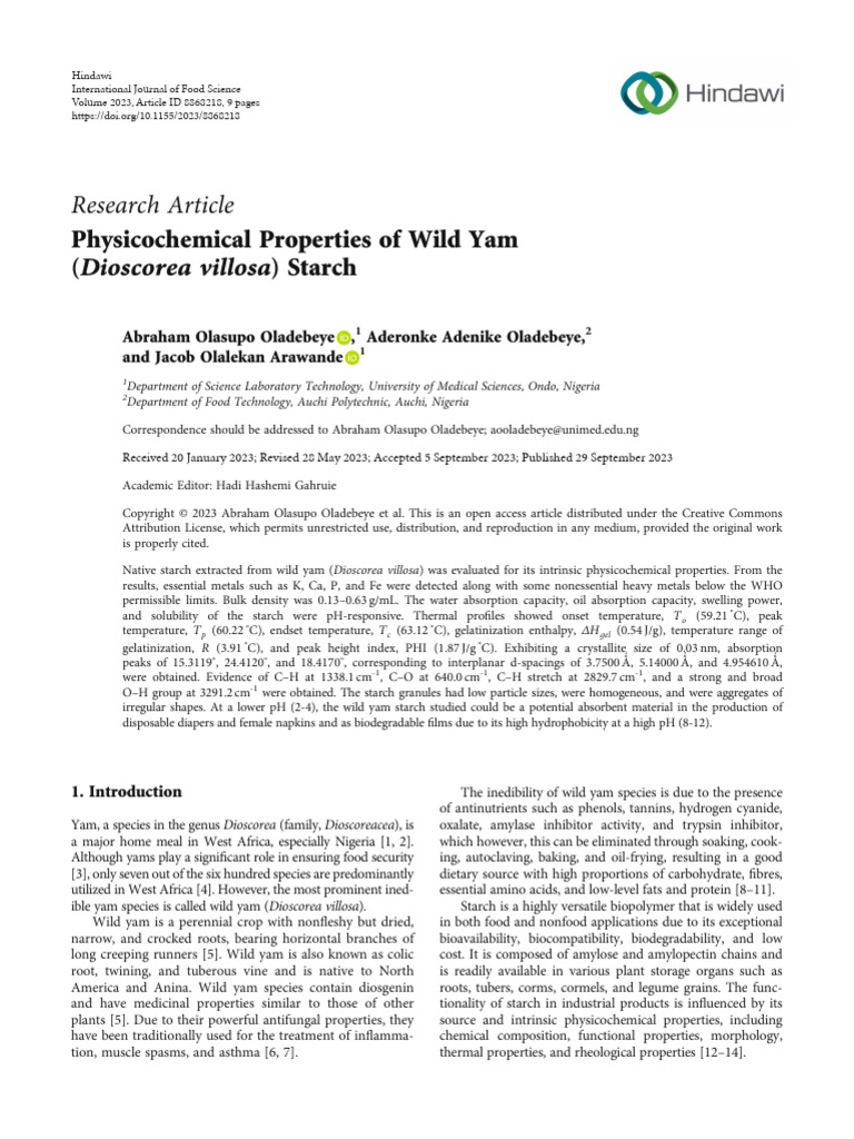 Physicochemical Properties of Wild Yam Dioscorea | PDF