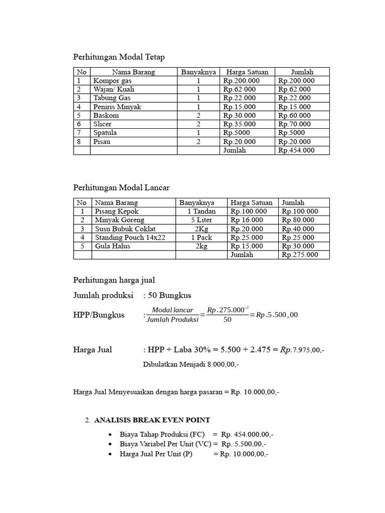 Perhitungan Modal,BEP, dan laba KWU-1 | PDF