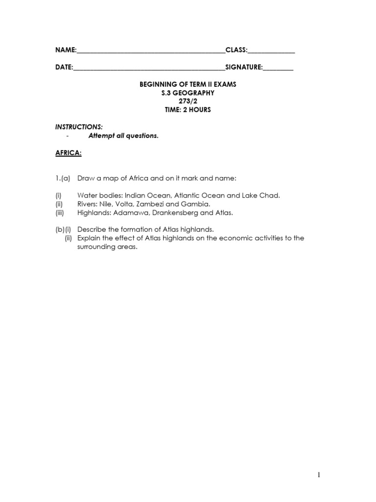 S3 GEOGRAPHY Paper 2 BEGINING OF TERM 2 EXAM | PDF
