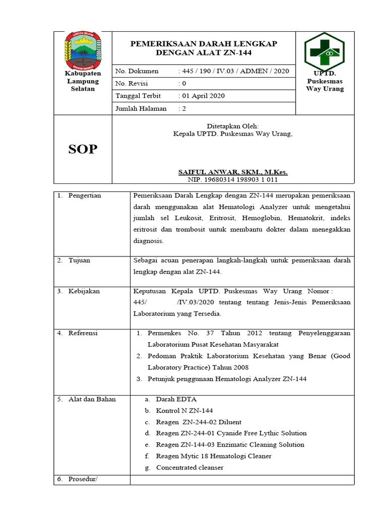 SOP Pemeriksaan Darah ZN-144 | PDF | Sains & Matematika