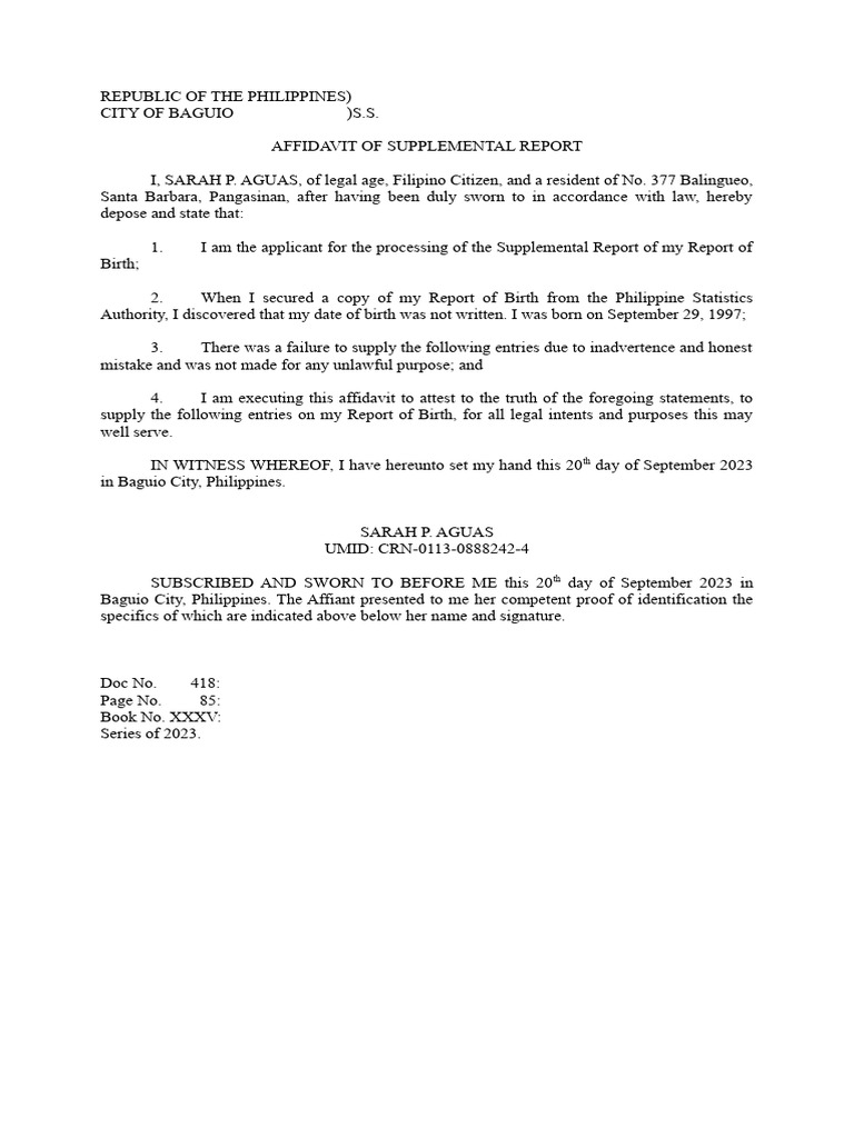 Affidavit of Supplemental Report - Sarah P Aguas | PDF