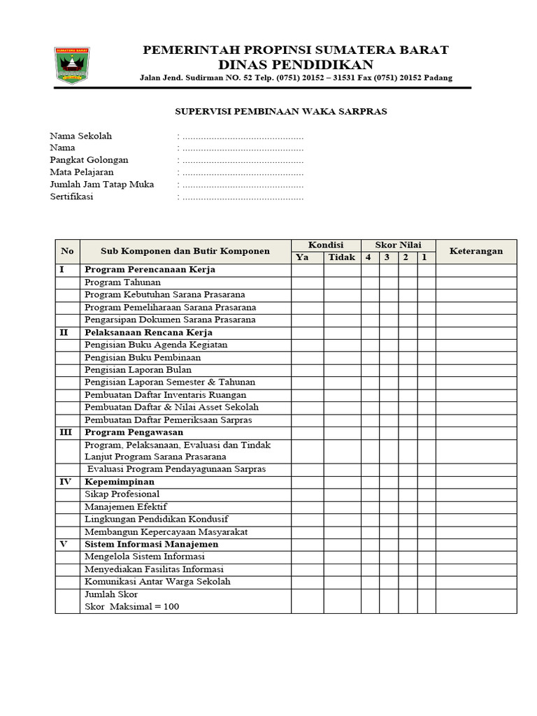INSTRUMEN Supervisi-Pembinaan-Waka-Sarpras | PDF