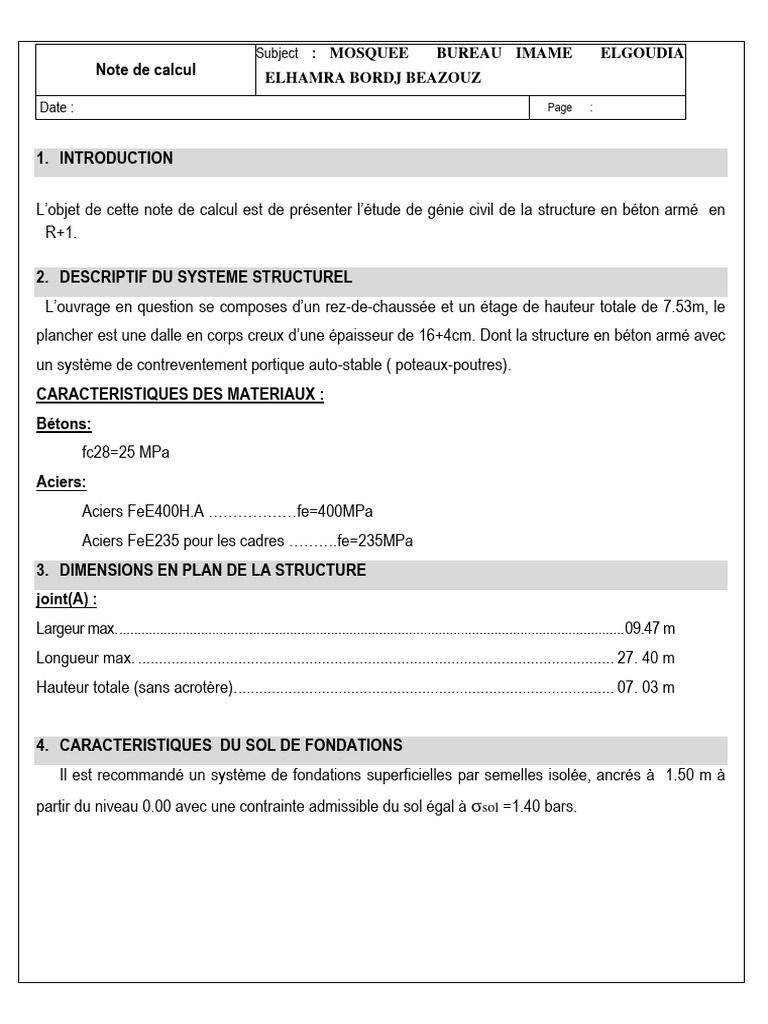 NOTE DE CALCUL BUREAU IMAME | PDF