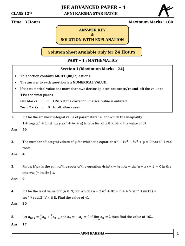 Answer Key & Solution Explanation, JEE Advanced Paper - 1 Star Batch (30-July-2023) | PDF ...