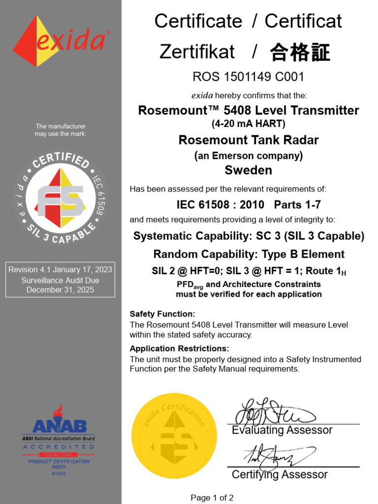 ROS 15-01-149 C001 R4.1 IEC 61508 Certificate 5408 | PDF | Systems ...