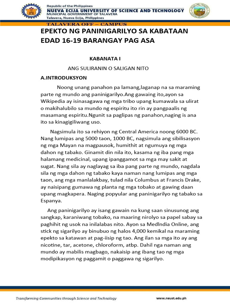 Epekto NG Paninigarilyo Sa Kabataan Edad 16 | PDF