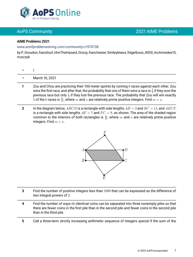 Aops Community 2021 Aime Problems | Download Free PDF | Numbers | Rectangle