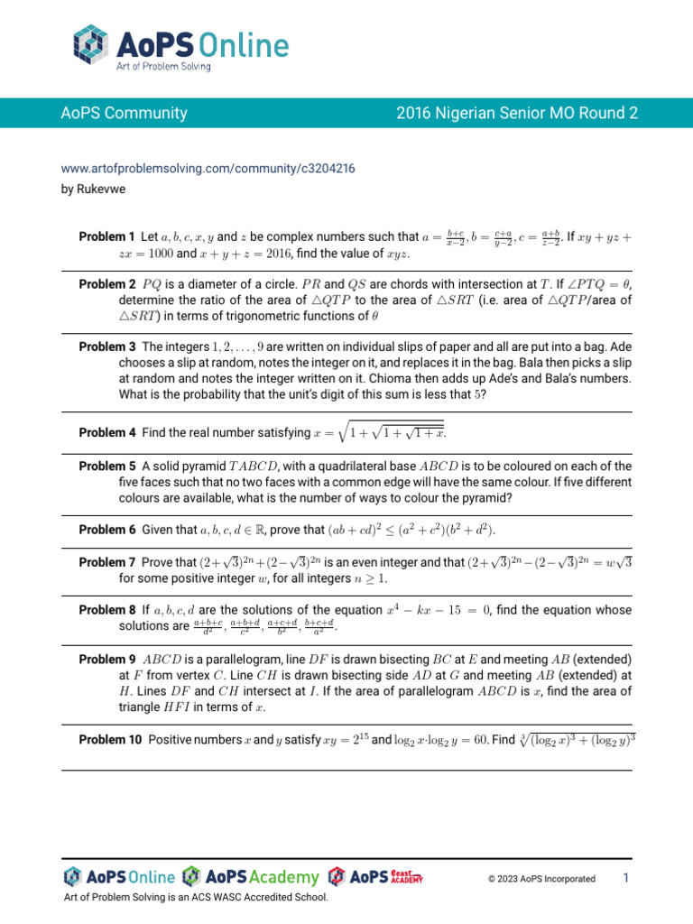 Aops Community 2016 Nigerian Senior Mo Round 2: Problem 1 | PDF | Area ...