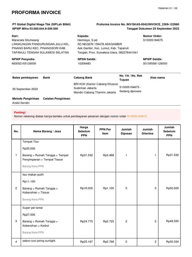 Proforma Invoice S10005194675 | PDF