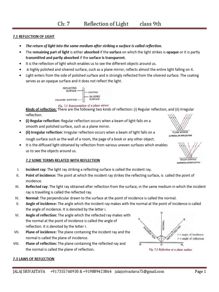 Class 9th Reflection of Light | PDF | Mirror | Reflection (Physics)