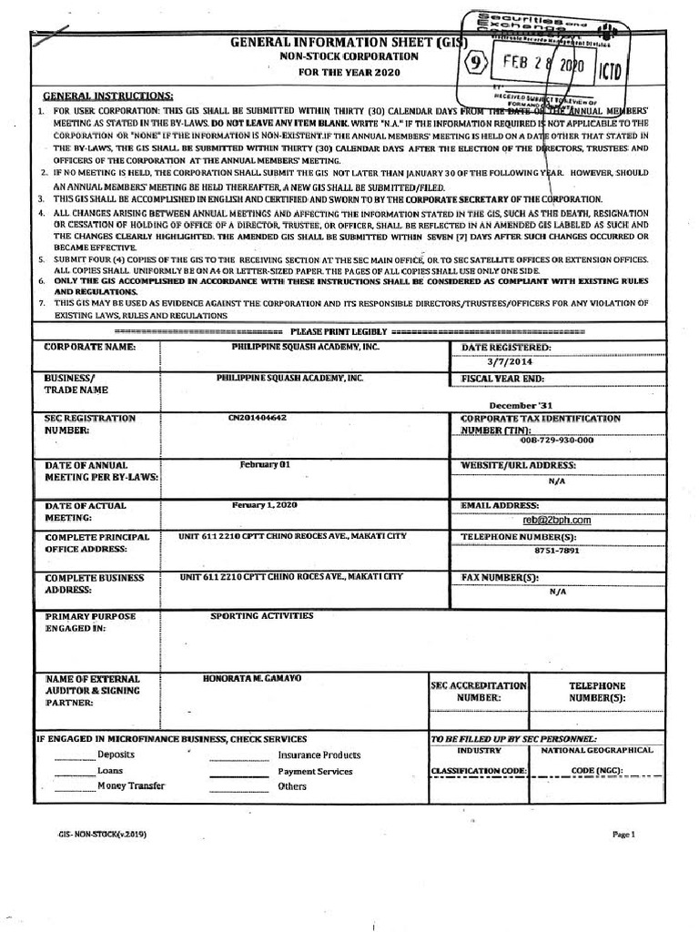 General Information Sheet - PHILIPPINE SQUASH ACADEMY | PDF