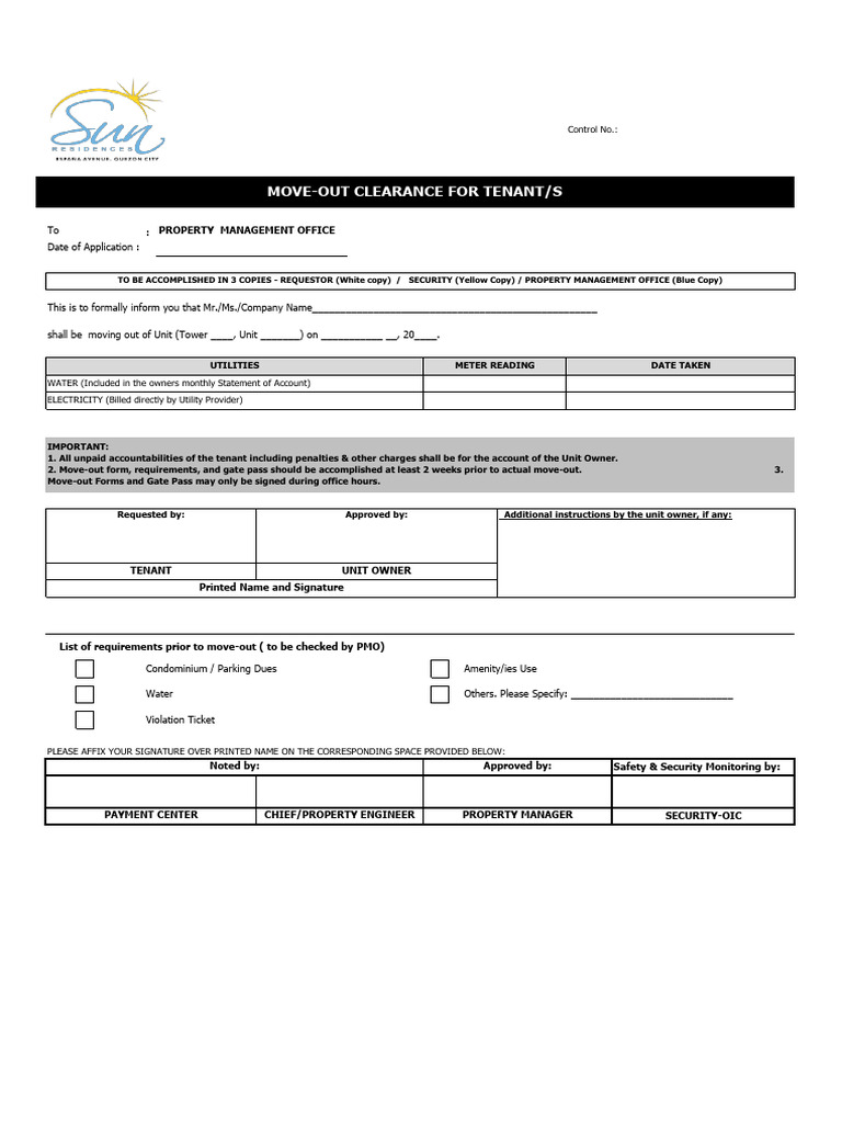SRCC Move Out Clearance For Tenant Form | PDF