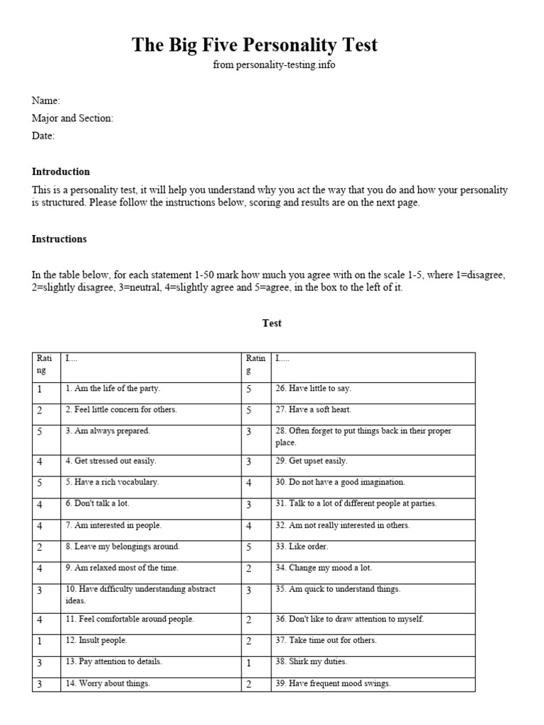 Big Five Personality Test Guide | PDF
