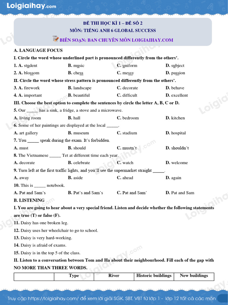 De Thi Hoc Ki 1 Tieng Anh 6 Global Success de So 2 1667890087 | PDF