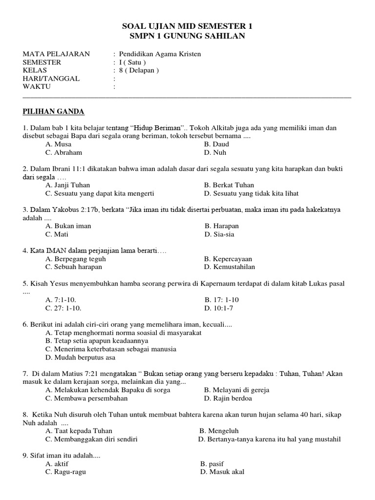 Soal Ujian Mid Semester 1 Pak - SMPN Kelas 8 | PDF