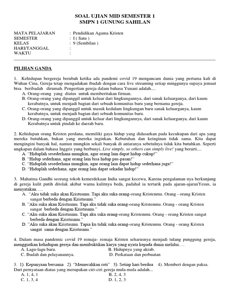 Soal Ujian Mid Semester 1 Pak - SMPN Kelas 9 | PDF | Agama & Spiritualitas
