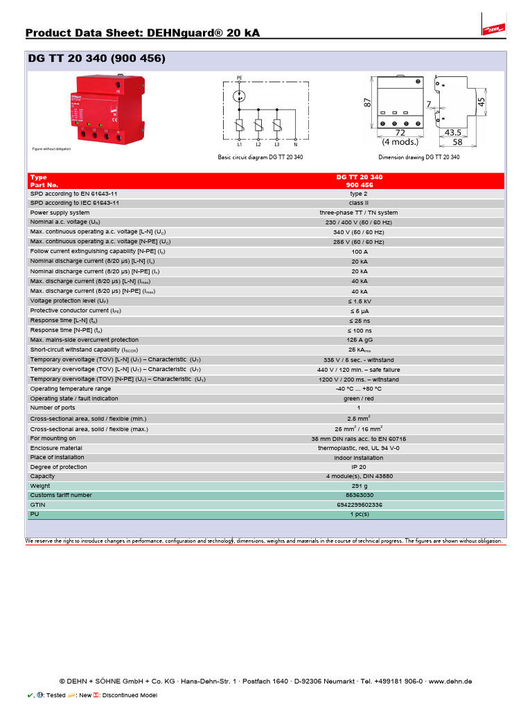 Product Data Sheet: Dehnguard® 20 Ka DG TT 20 340 (900 456) | PDF | Electronics | Physical ...