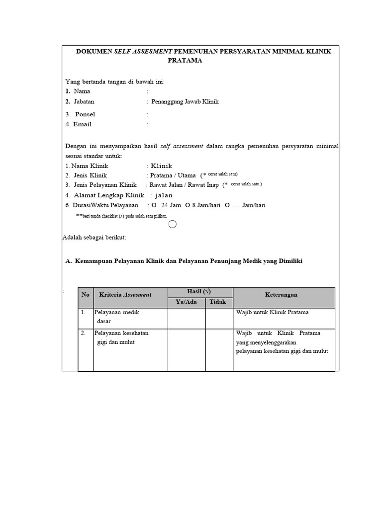Dokumen Self Assesment Pemenuhan Persyaratan Minimal Klinik | PDF