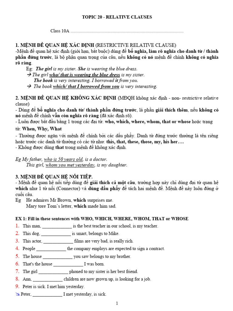 15. Relative clauses - Lý thuyết và BT cơ bản | PDF