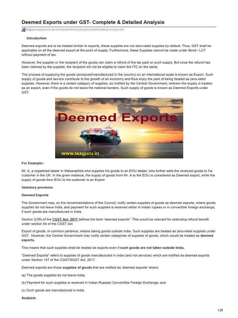 Deemed Exports Under GST - Complete Detailed Analysis | PDF