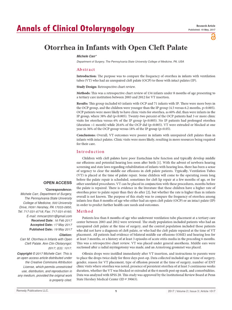 Otorrhea in Infants With Open Cleft Palate 521 | PDF | Health Sciences ...