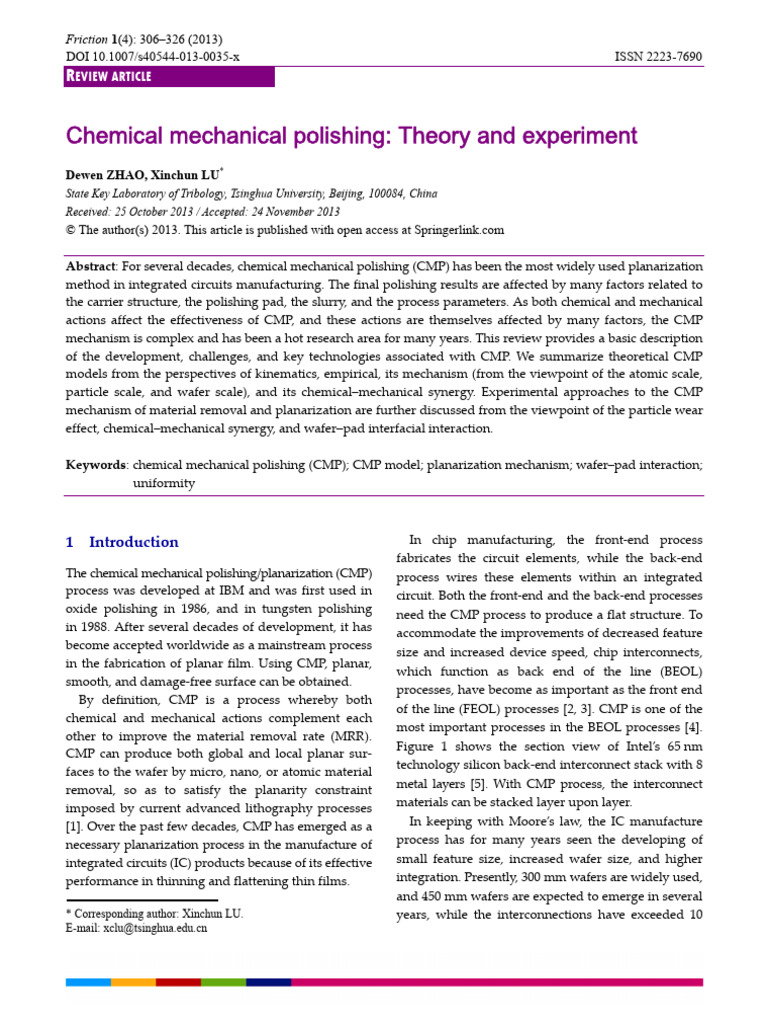 Chemical Mechanical Polishing: Theory and Experiment: Dewen ZHAO ...
