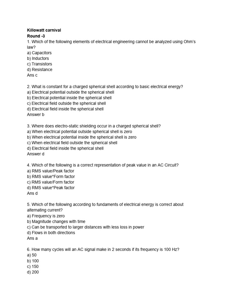 Quiz Round 3 Ques | PDF | Electricity | Alternating Current