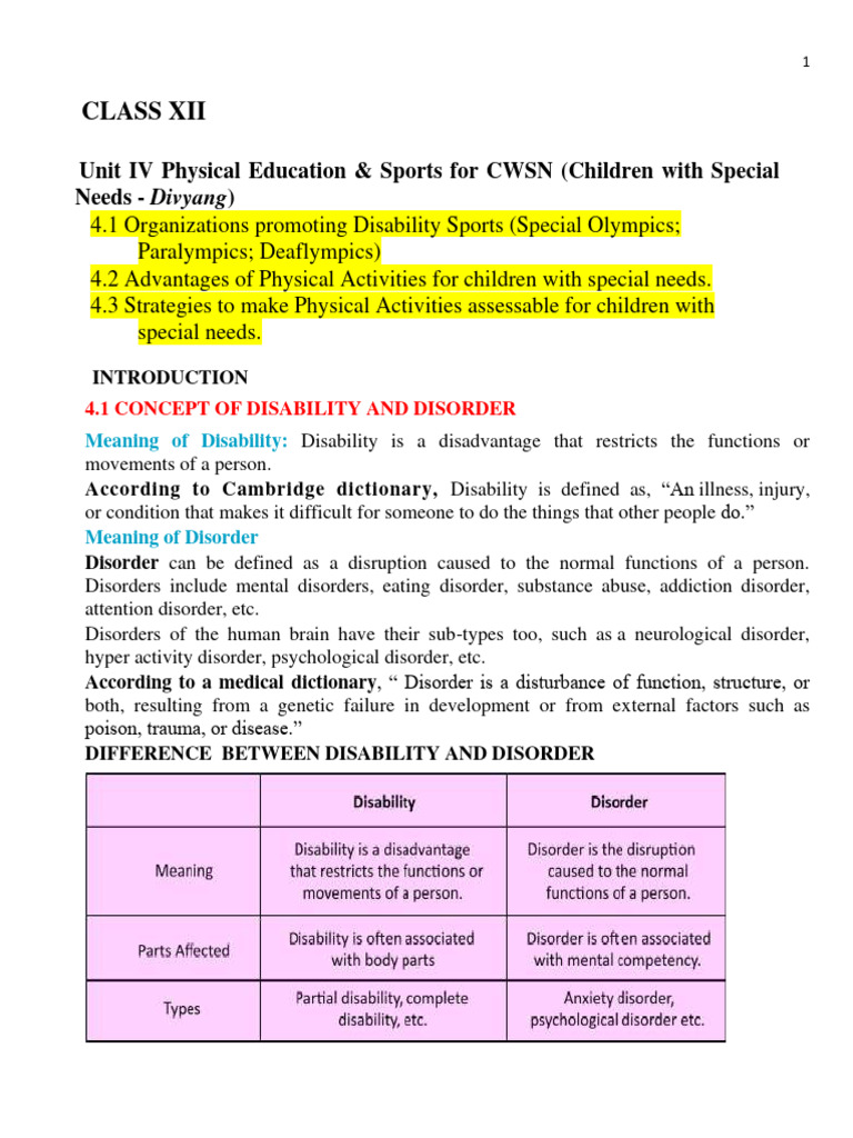 Unit 4 Physical Edu For Cwsn2022-23 | PDF | Paralympic Games | Mental Disorder