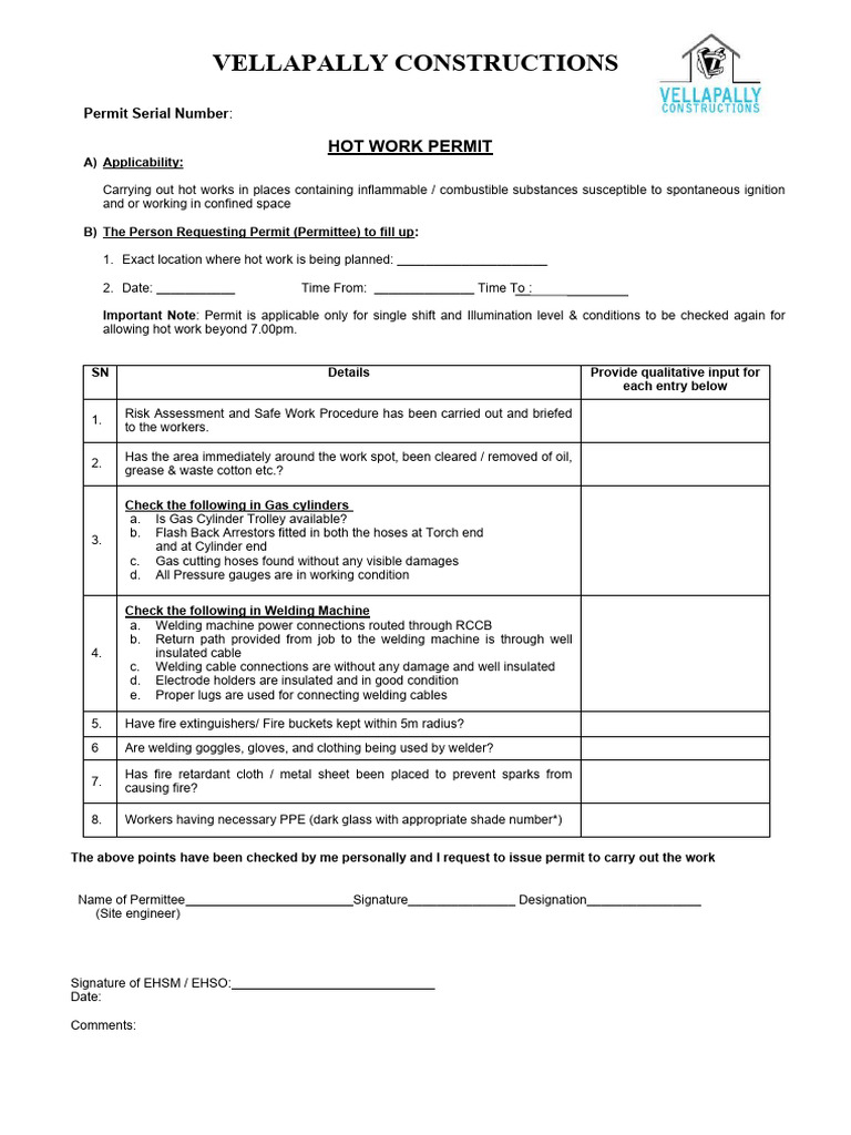 006 Hot Work Permit | PDF | Welding | Construction