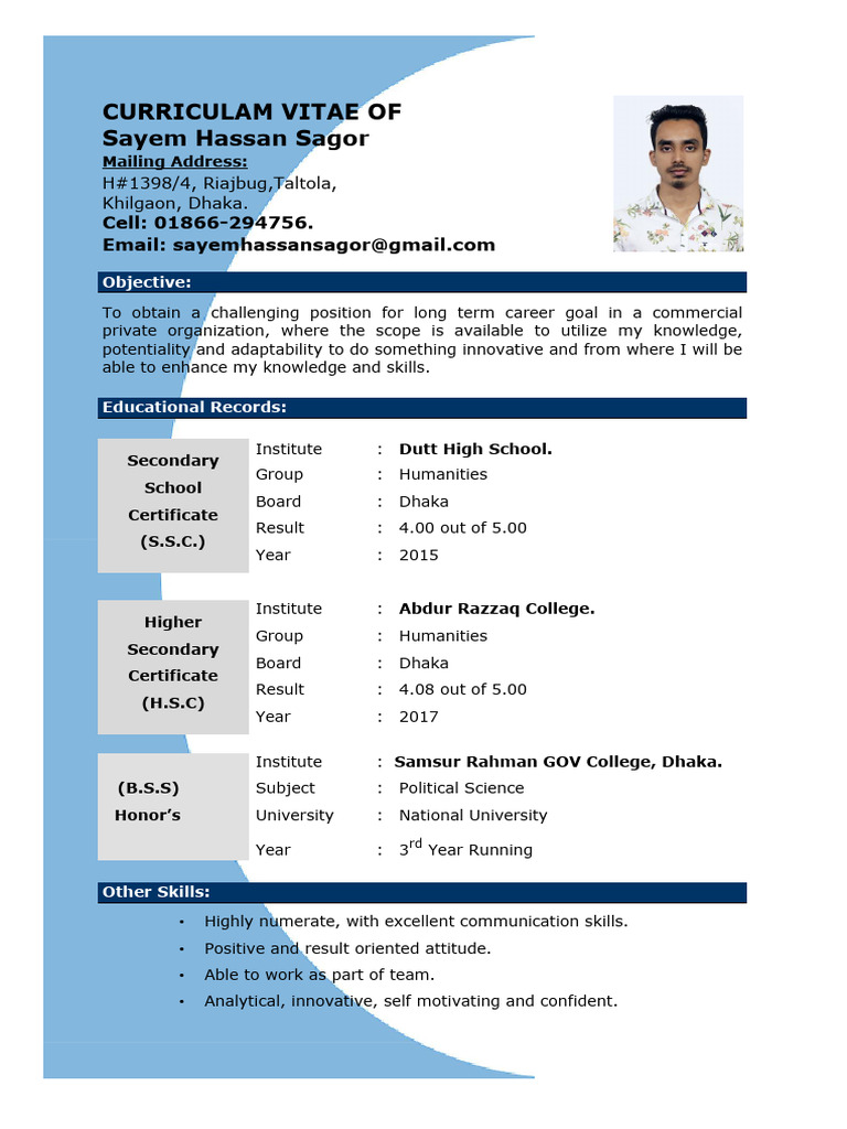 Sayem Hassan Sagor 2p CV | PDF | Cognition
