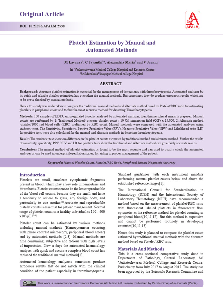 Platelet Estimation by Manual and Automation | PDF | Platelet ...