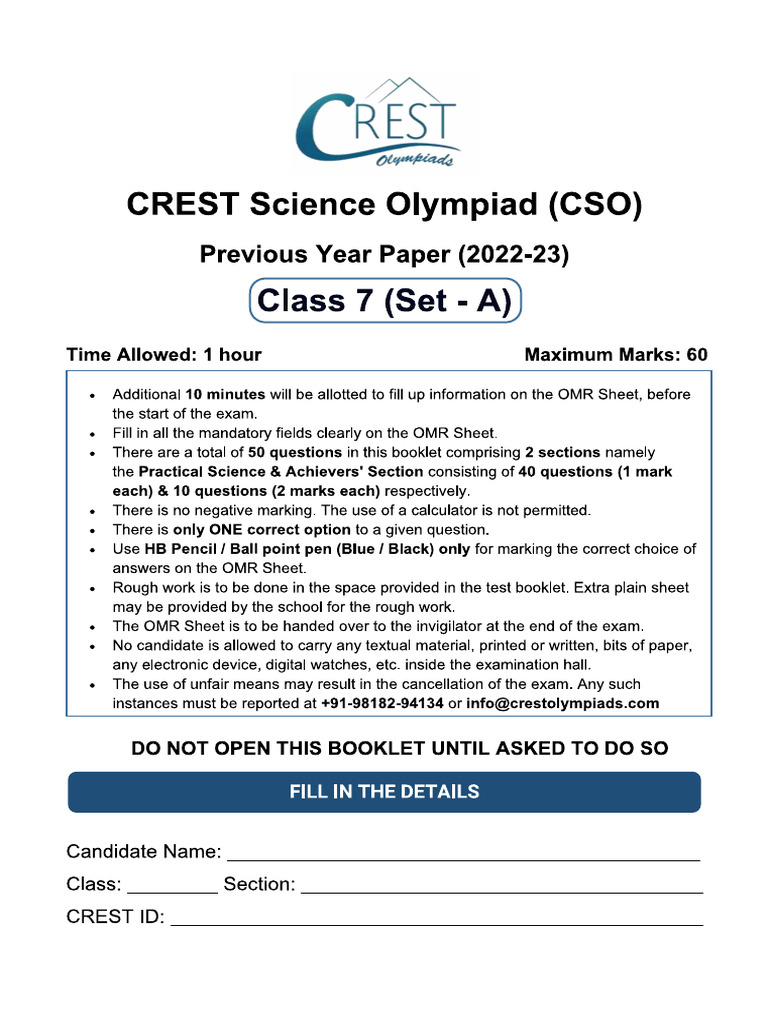 Previous Question Paper Science of Crest Olympiad | PDF