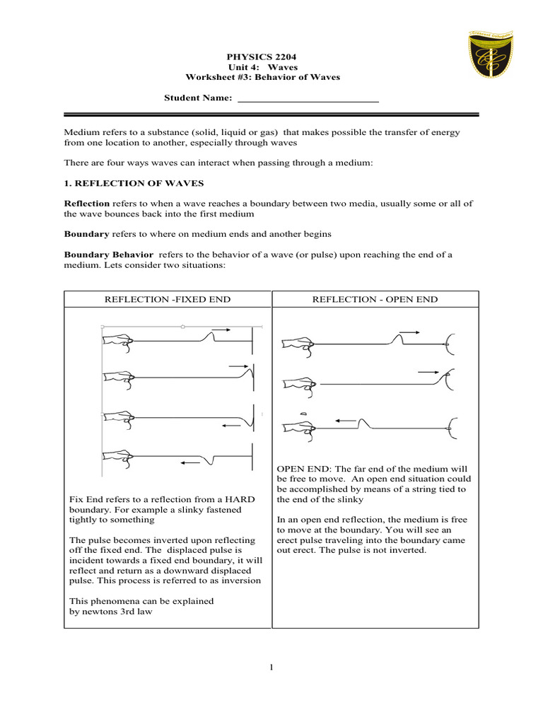 Physics 2204 Wave Worksheet 3 Behaviour of Waves 2018 | PDF | Waves ...