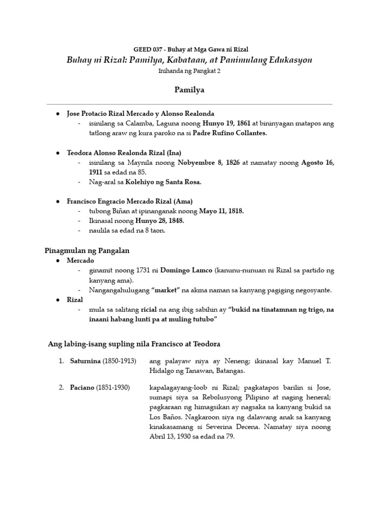 Lesson Handout - Buhay Ni Rizal | PDF