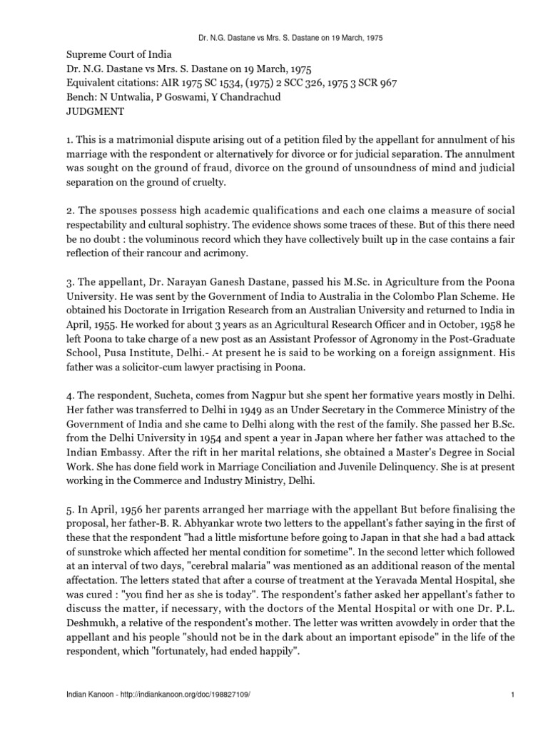 DR - N - G - Dastane - Vs - Mrs - S - Dastan Case 7 | PDF