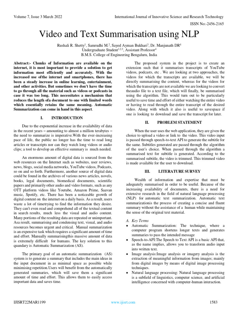 Video and Text Summarisation using NLP | PDF | Computing | Cognitive Science