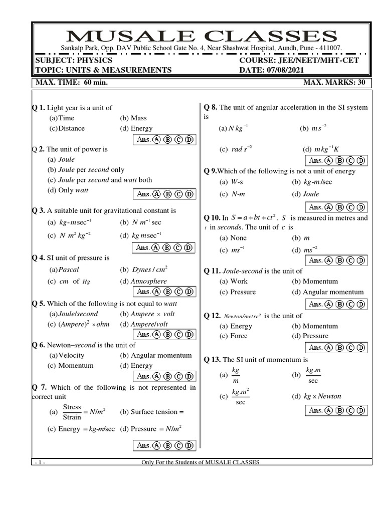 Units & Measurements Test | PDF
