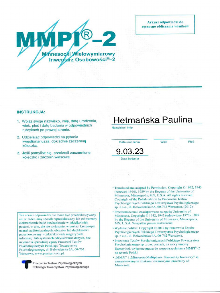 MMPI-2-odpowiedzi 1 | PDF