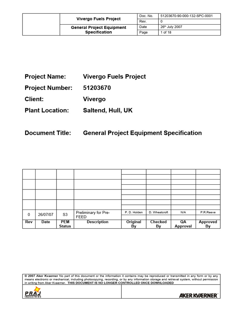 90 000 132 SPC 0001 General Project Equipment Specification | PDF