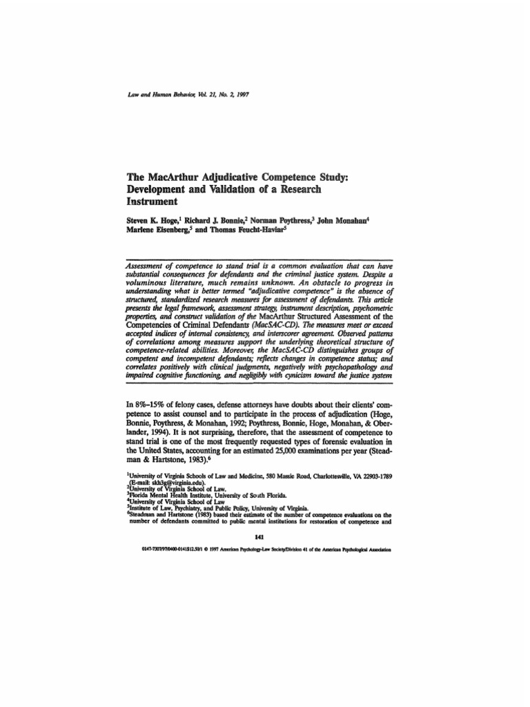The MacArthur Adjudicative Competence ST | PDF | Competence (Law) | Plea