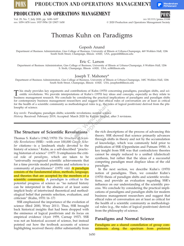 Thomas Kuhn On Paradigms - Gopesh Anand Eric C. Larson Joseph T. Mahoney | PDF | Paradigm | Science