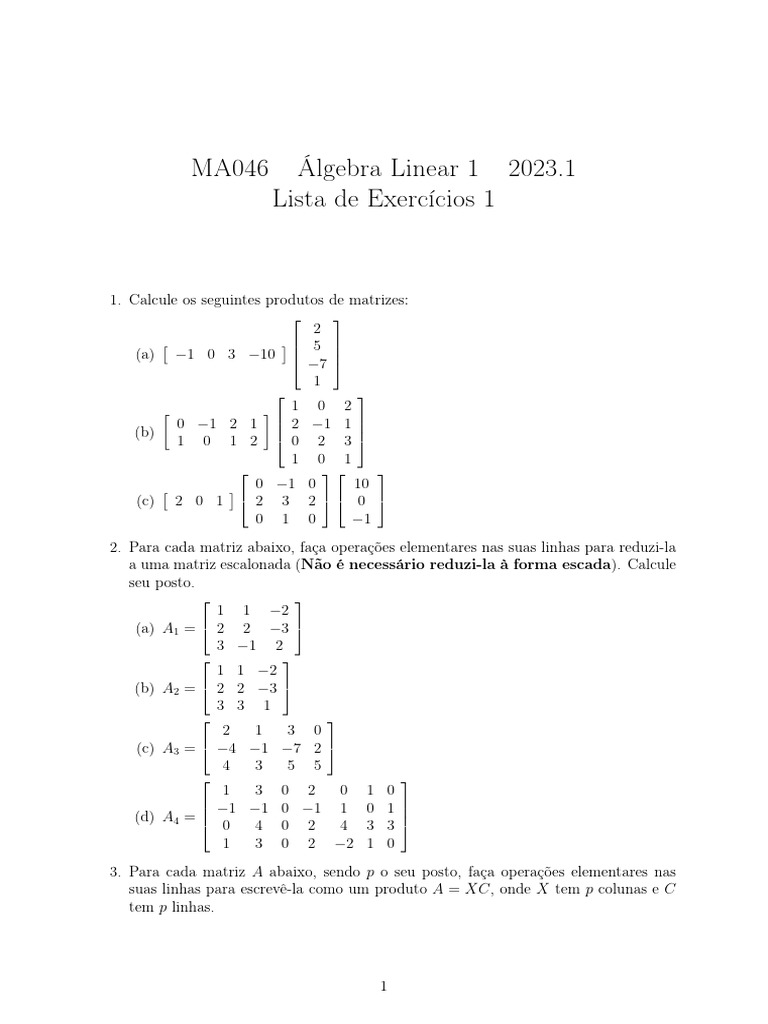 Lista de Exercícios de Álgebra Linear 1 | PDF | Espaço vetorial ...
