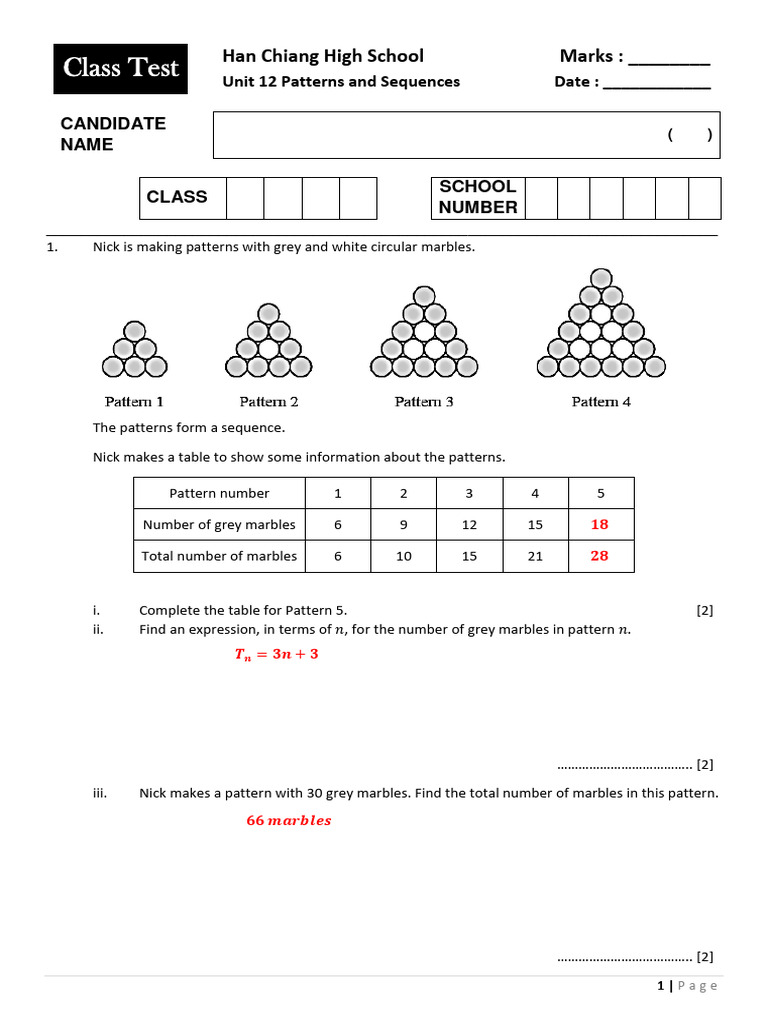 J2E Unit 12 Patterns and Sequences - A | PDF | Mathematics | Arithmetic