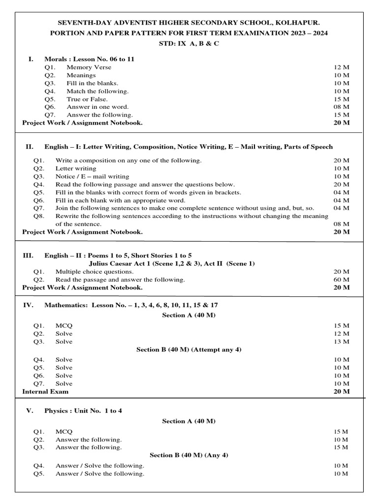 First Term Exam Guide for Class IX | PDF