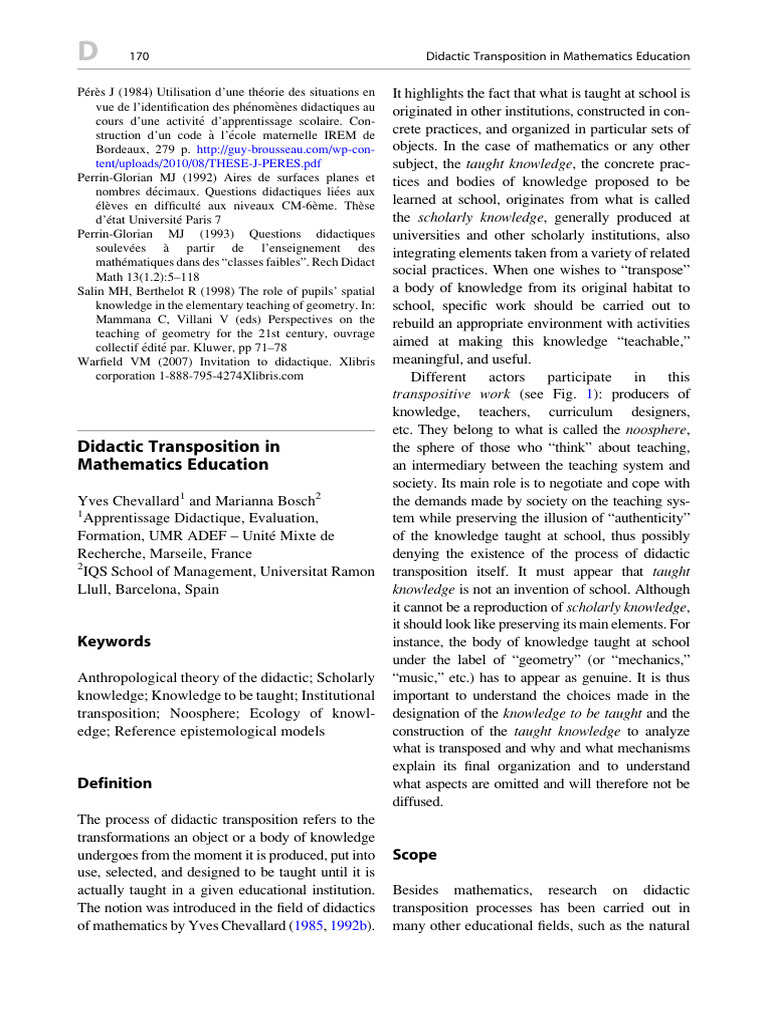 Chevallard & Bosch 2014 Didactic Transposition in Mathematics Education | PDF | Knowledge ...